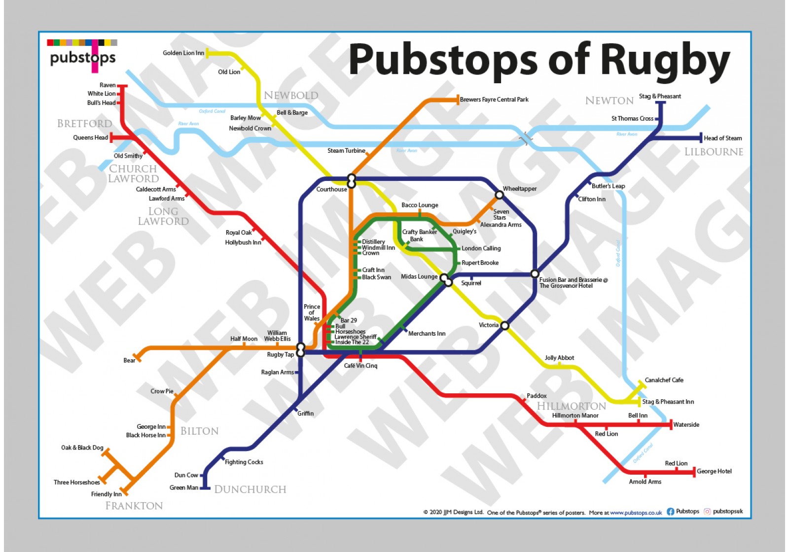 Pubstops of Rugby Framed Poster | The Original Pub Maps | Pubstops.co.uk