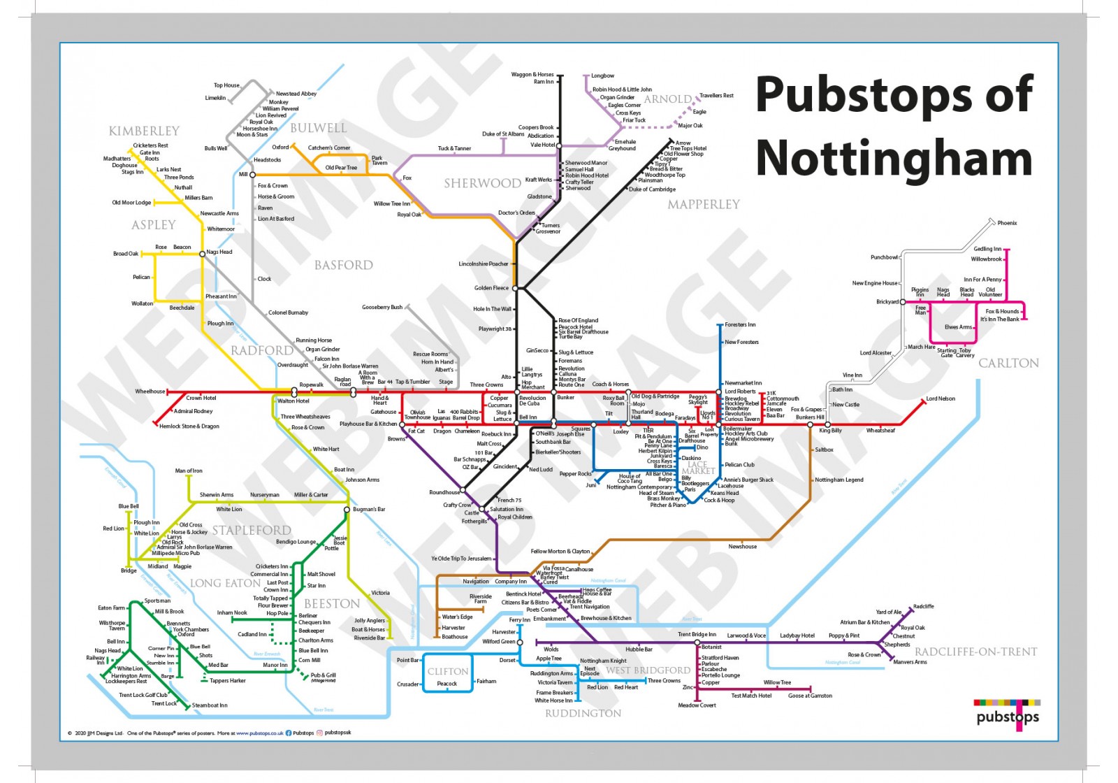 Pubstops of Nottingham Poster | The Original Pub Maps | Pubstops.co.uk