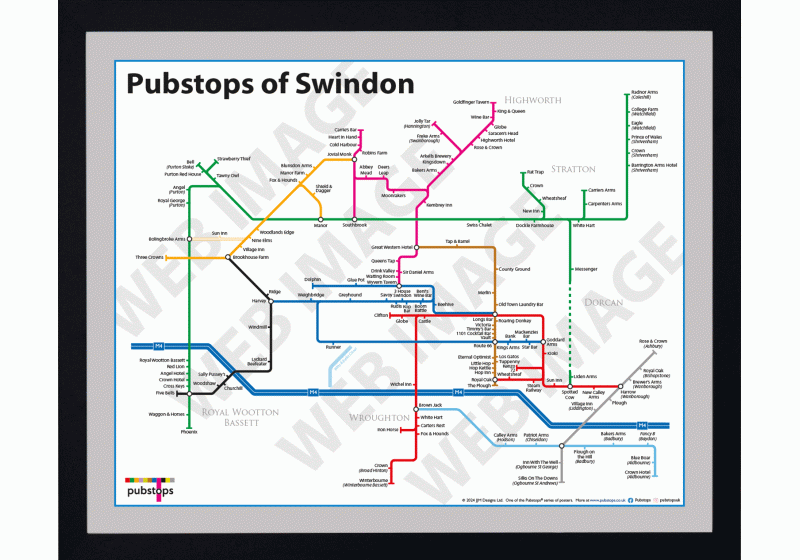 Pubstops of Swindon Framed Poster | The Original Pub Maps | Pubstops.co.uk
