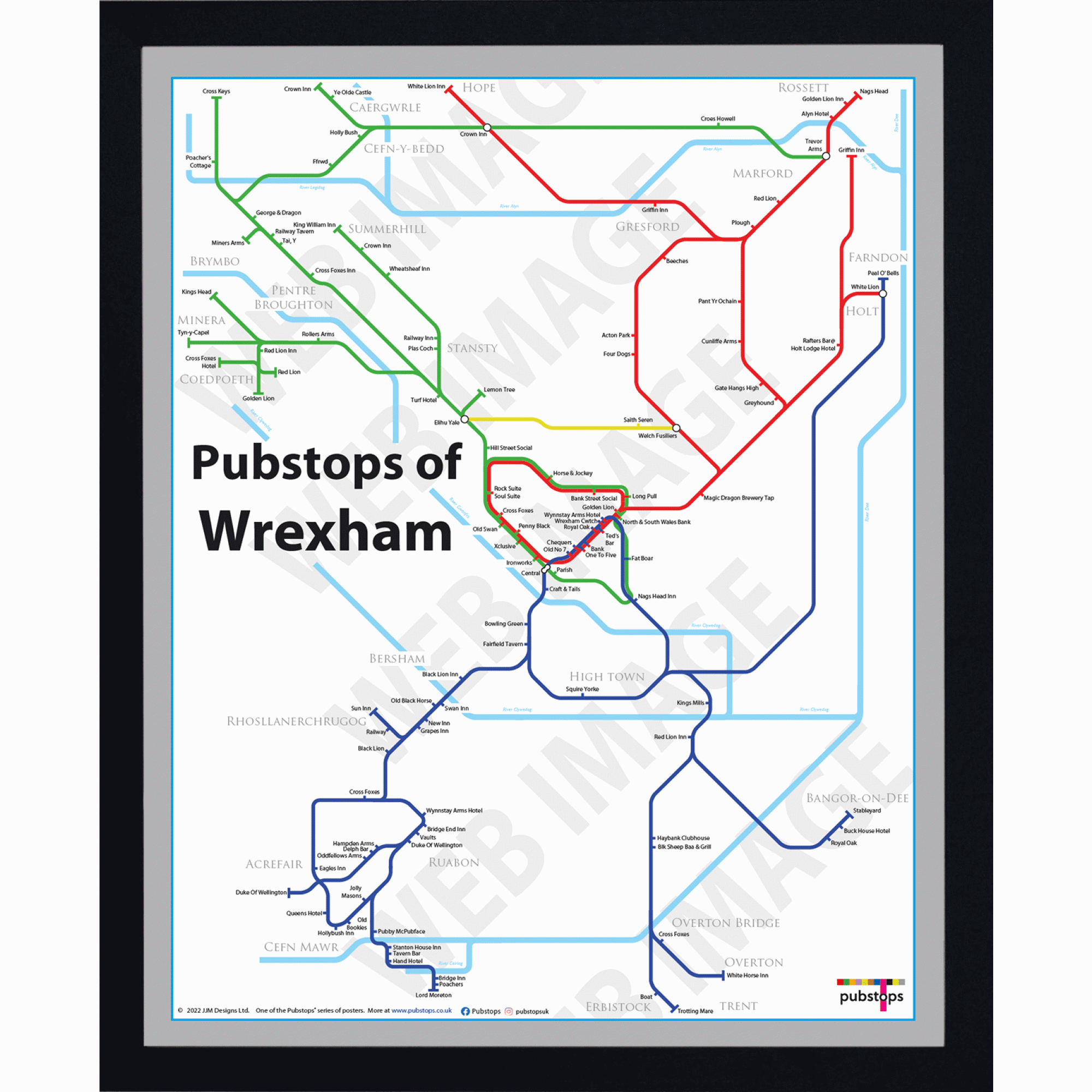 Pubstops of Wrexham Framed Poster | The Original Pub Maps | Pubstops.co.uk
